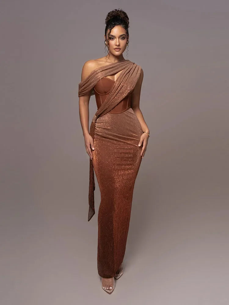 Kayla | Women One-Shoulder Metallic Evening Dress | Harper & Bennett